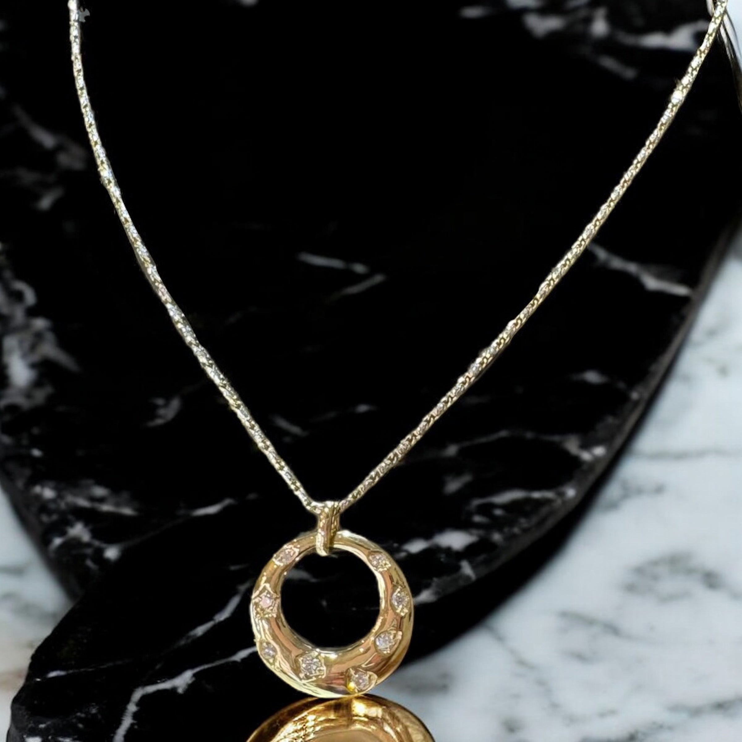 Scattered Diamond Circle Pendant on Two-Tone Razo Chain - 14K Yellow/W ...